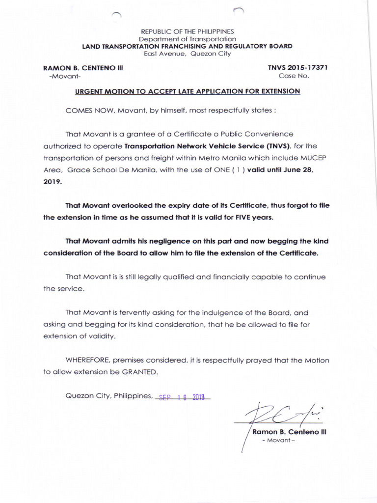 Urgent Motion To Accept Late Application TNVS | PDF