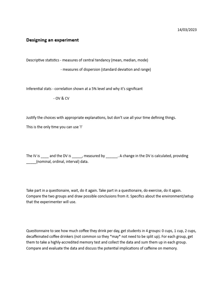 Brief Class Notes - Designing An Experiment | PDF