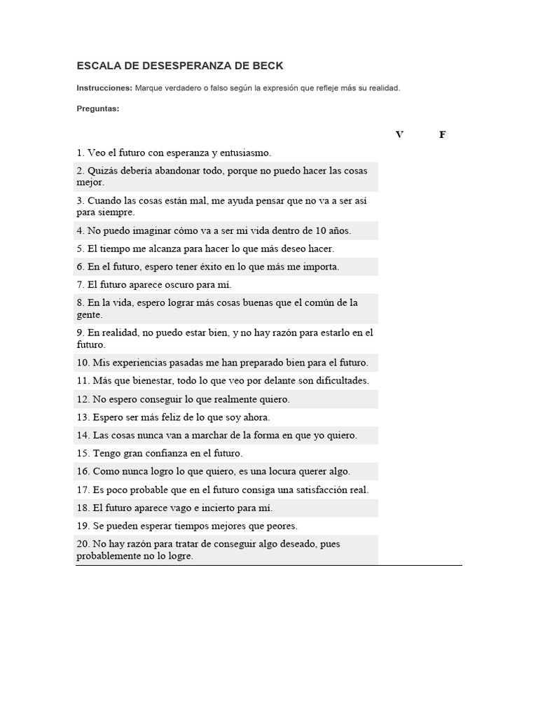 Escala de Desesperanza de Beck: Instrucciones y Corrección | PDF
