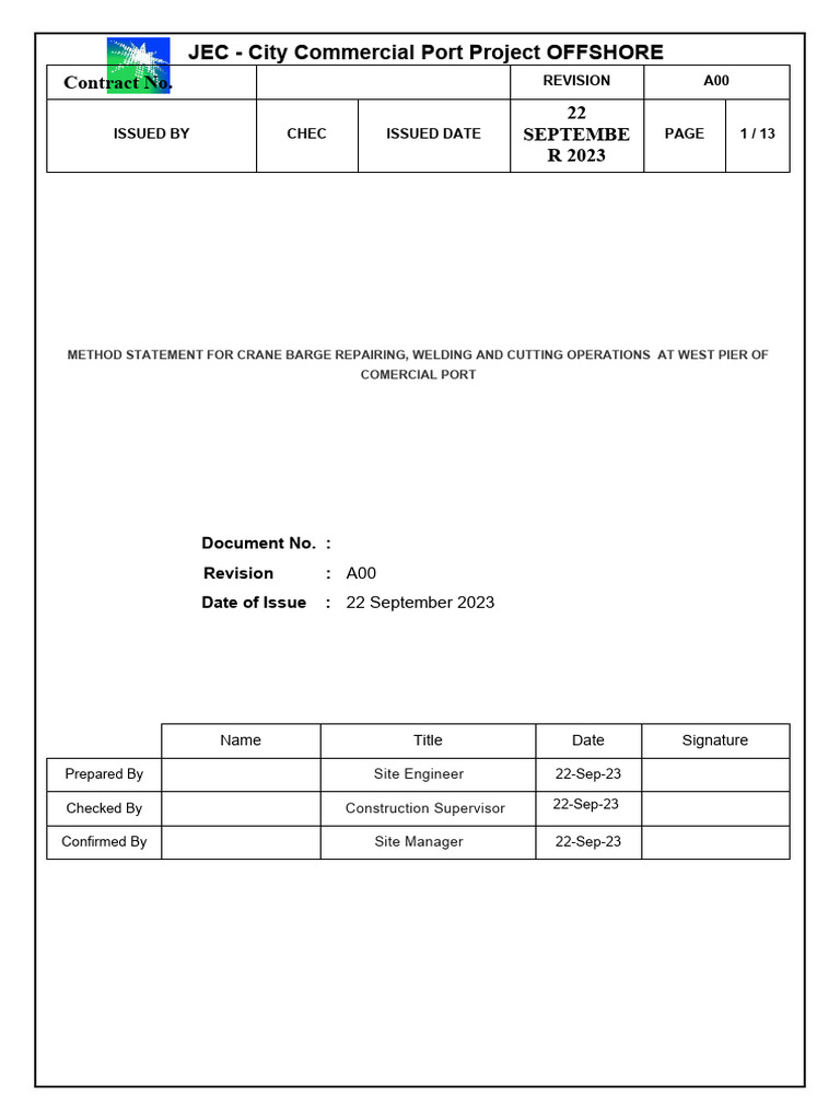 METHOD STATEMENT For Crane Barge Repairing, Welding and Cutting ...