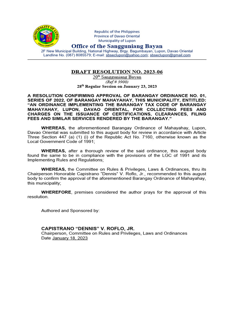 Approval of Barangay Tax Ordinance | PDF