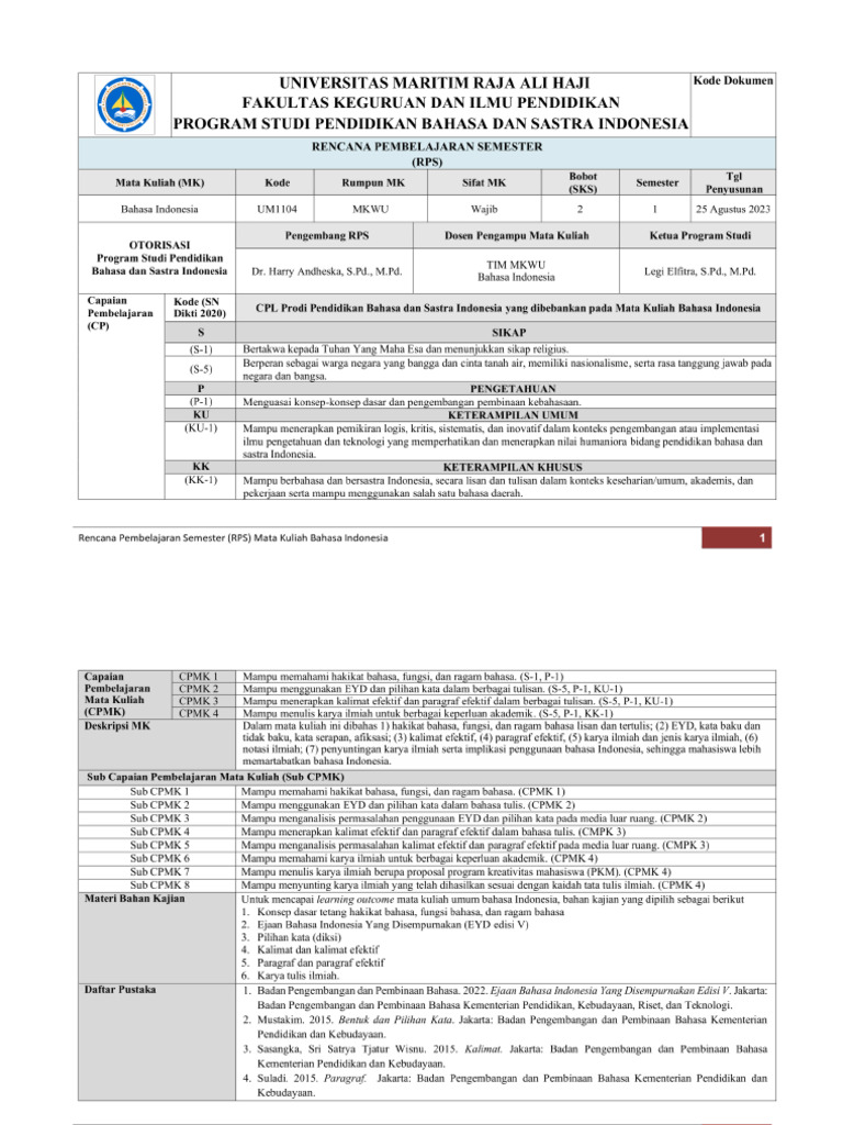 Rps Mku Bahasa Indonesia Terbaru | PDF