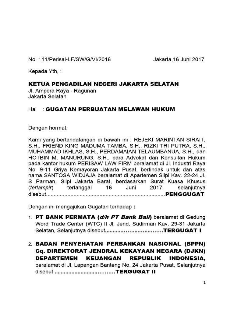 Contoh Gugatan PMH Vs BANK PERMATA 15 Juni 2017 | PDF