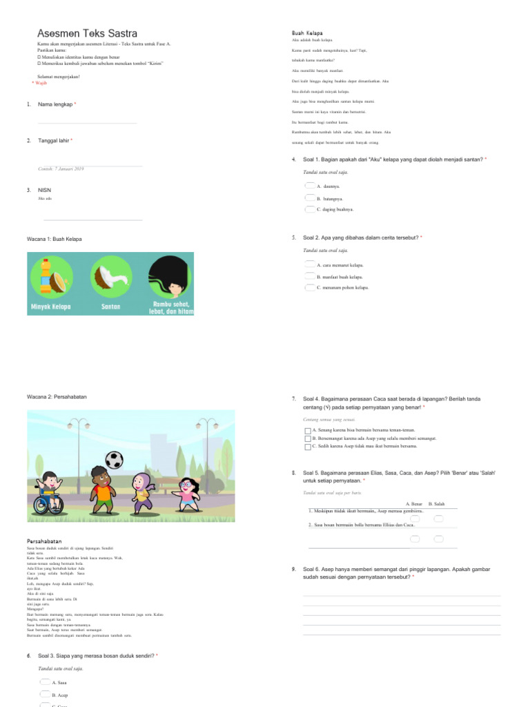 Literasi-Fase A (Kelas 1-2SD) - Teks Sastra-SOAL | PDF