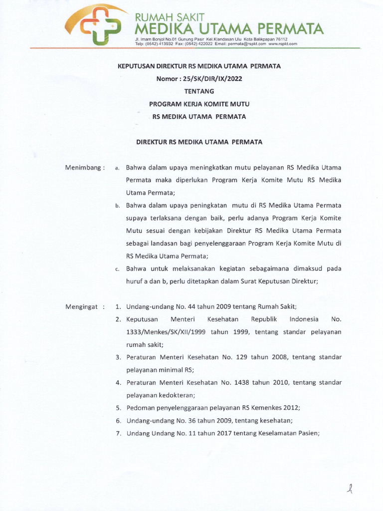 Program Kerja Komite Mutu RS Medika Utama Permata | PDF