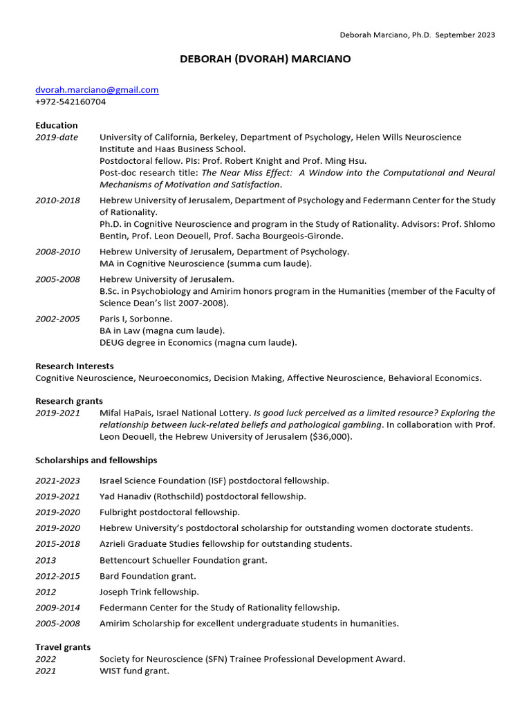 CV Deborah Marciano September 2023 | PDF | Decision Making | Neuroscience