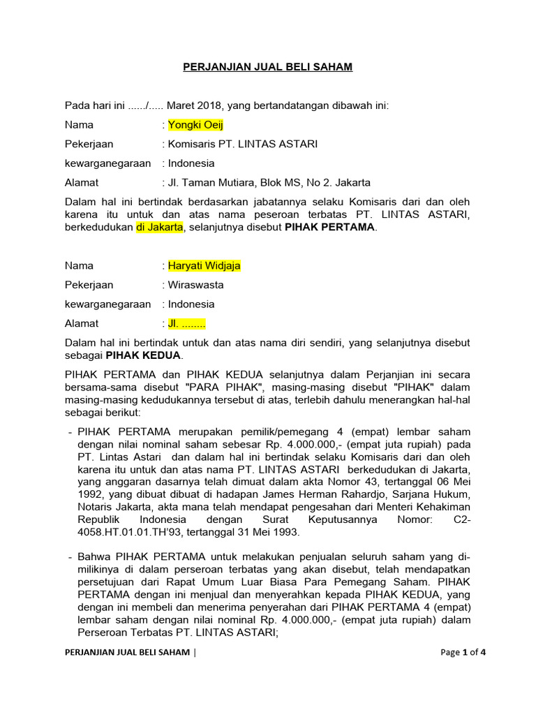 Perjanjian Jual Beli Saham PT. Lintas Astari | PDF