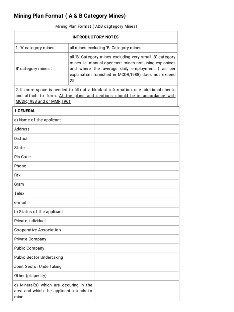 Mining Plan Format (A & B Category Mines) | PDF | Science & Mathematics ...