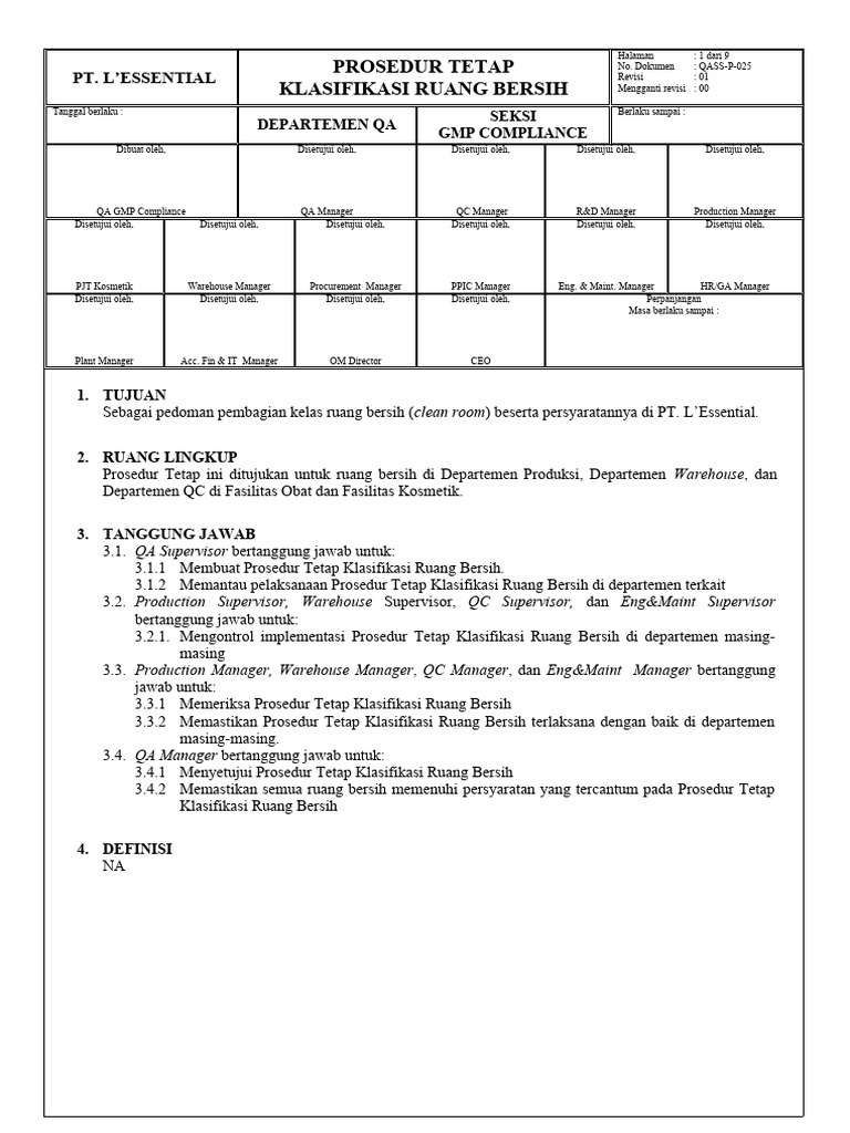 QASS-P-025 (01) Klasifikasi Ruang Bersih | PDF