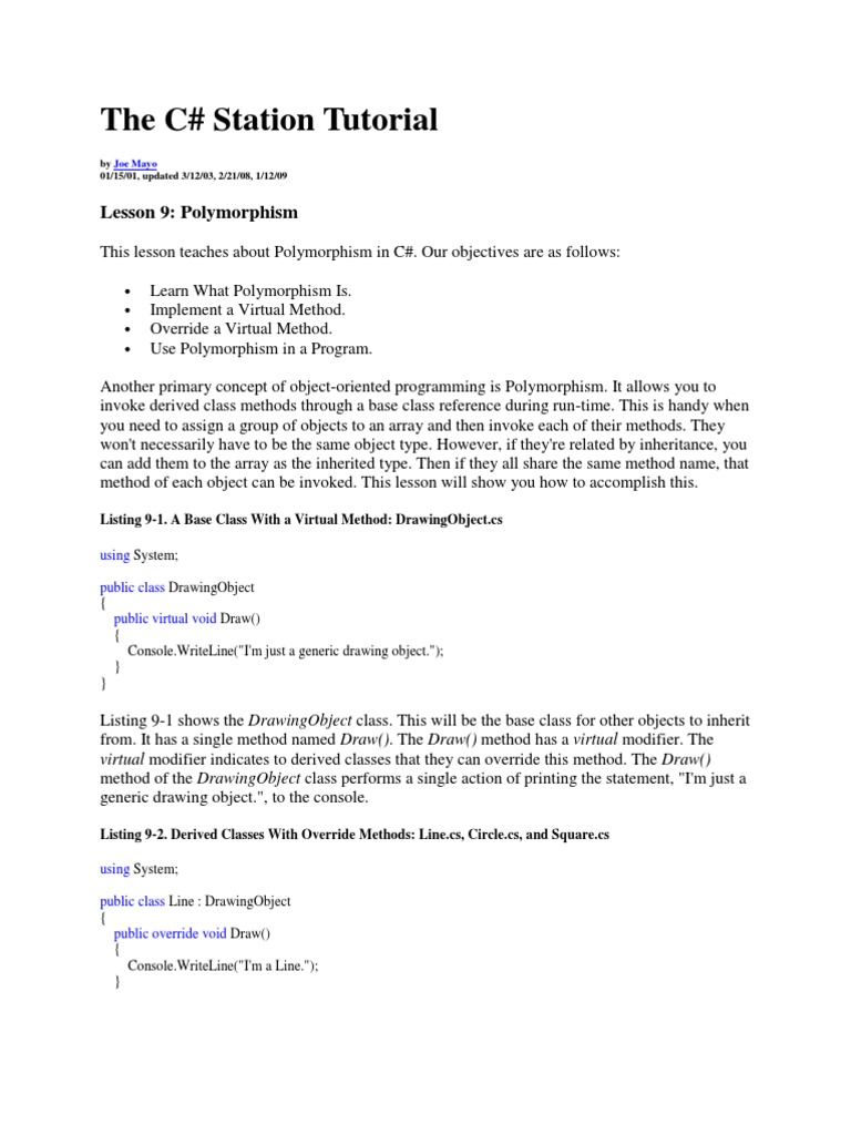 C# Polymorphism Tutorial Guide | PDF | Inheritance (Object Oriented ...