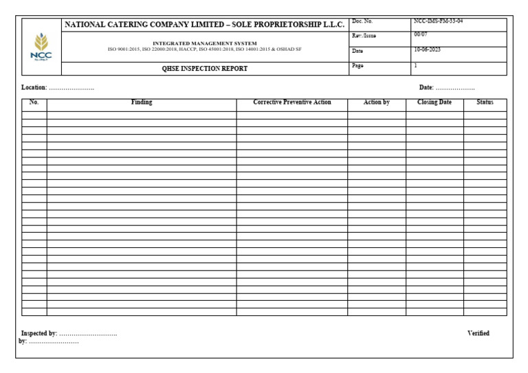 NCC-IMS-FM-33-04 - QHSE Inspection Report Is7.0 | PDF