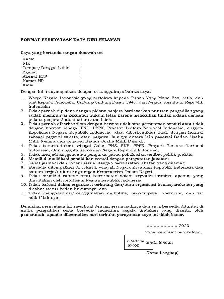 Format Surat Pernyataan Data Diri Pelamar PPPK | PDF
