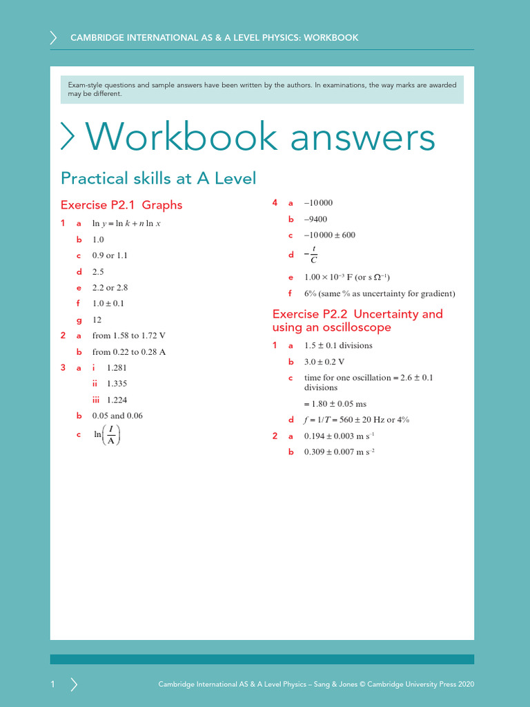 A Level Physics Workbook Answers | PDF | Teaching Methods & Materials