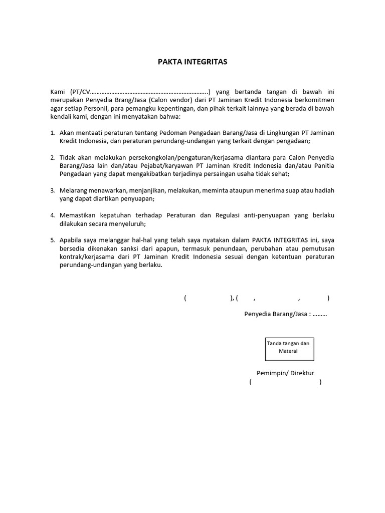 FORMAT_PAKTA INTEGRITAS_Penyedia barang jasa | PDF