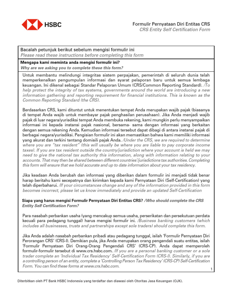 Formulir Pernyataan Diri Entitas CRS | PDF | Bisnis | Pengelolaan Keuangan & Uang