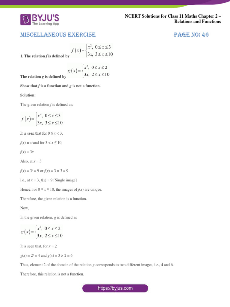 NCERT Solutions For Class 11 Maths Chapter 2 Relations and Functions Miscellaneous Exercise | PDF