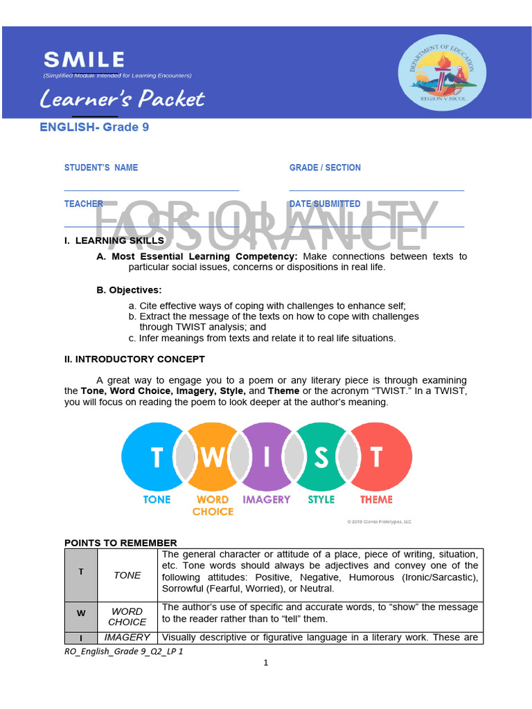 English Grade-9 Q2 LP-1 | PDF
