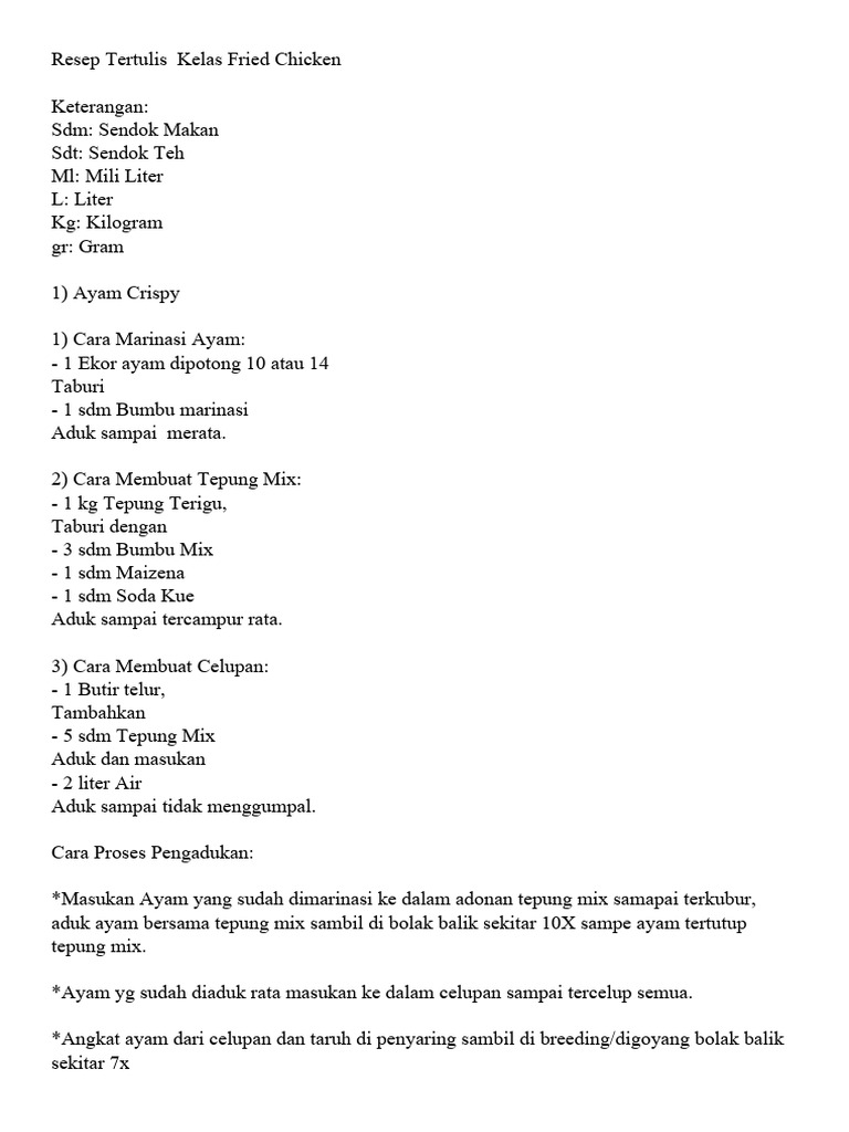 Resep Tertulis Kelas Fried Chicken | PDF | Memasak, Makanan, & Anggur