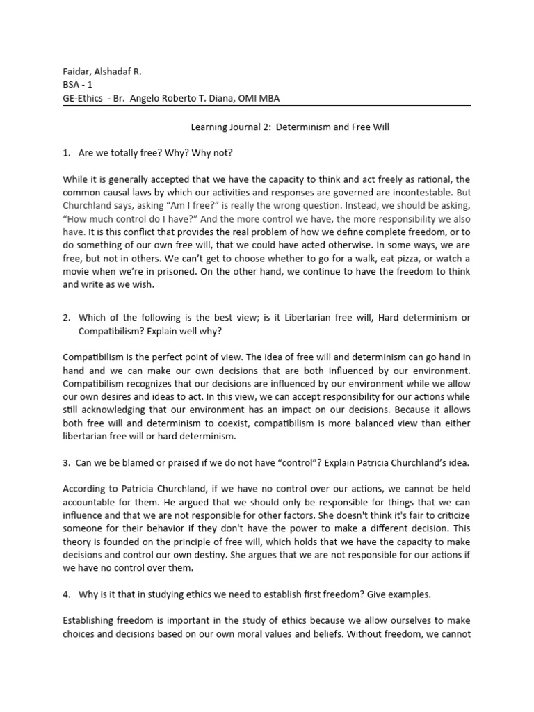 Learning Journal 2 Lesson 2 & 3 | PDF | Free Will | Determinism