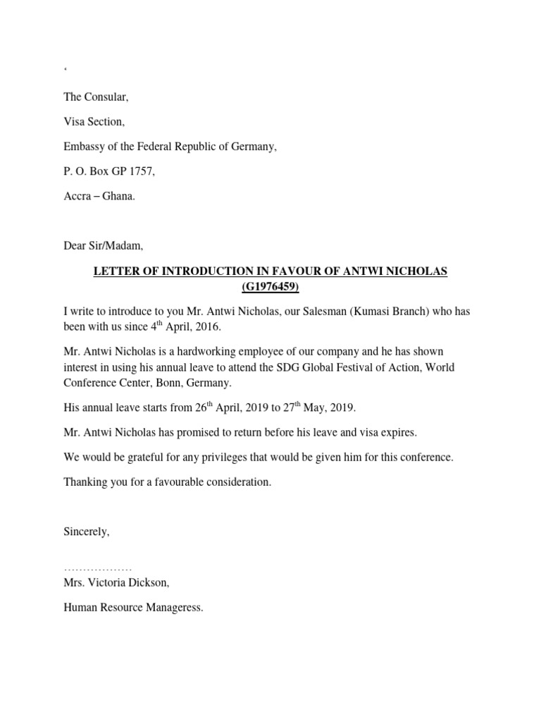 Introduction Letter for Visa Application | PDF