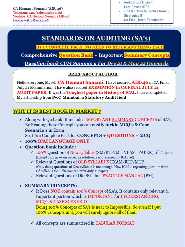 Audit SA Question Bank by CA Hemant Somani | PDF | Financial Audit | Audit