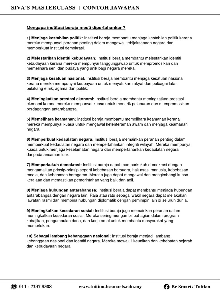 Institusi Beraja Contoh Jawapan | PDF