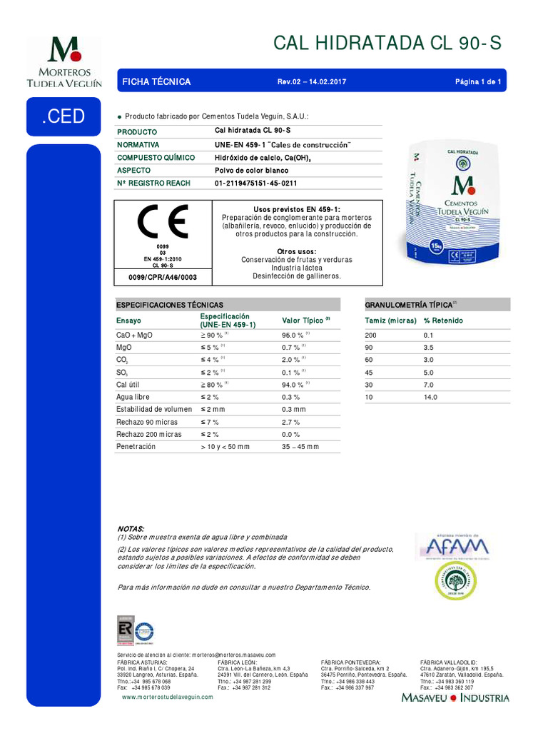 Cal Hidratada CL 90-S: Ficha Técnica | PDF | Conjuntos de elementos ...
