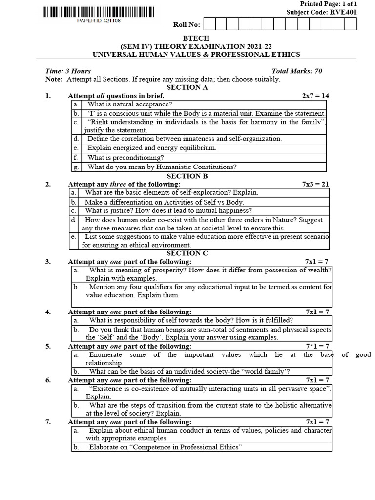 Btech Ve 4 Sem Universal Human Values and Professional Ethics Rve401 ...