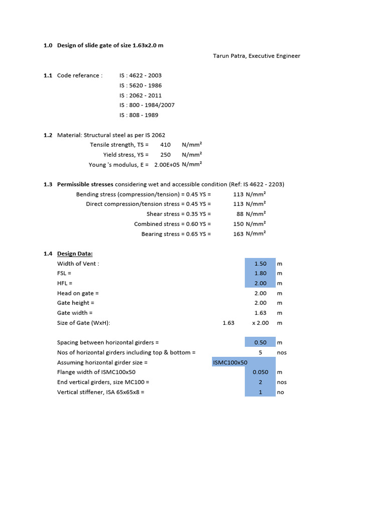 Design of Slide Gate Size 1.6 X 2 M | PDF | Stress (Mechanics) | Bending
