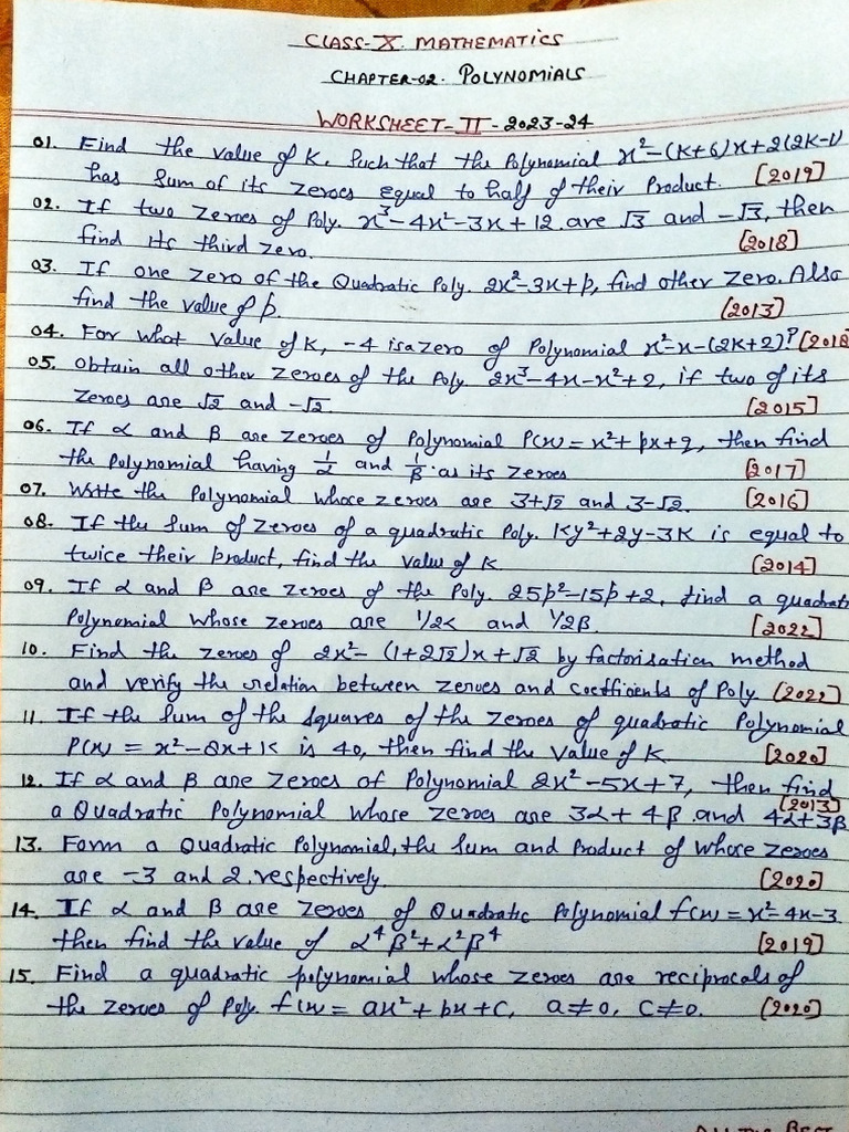 Class X Worksheet Real Numbers, Polynomials & Pair of Linear Equations With Two Variables. | PDF ...