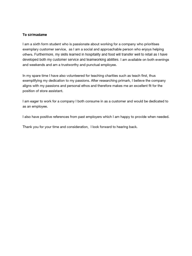 Cover Letter for Primark Retail Assistant | PDF