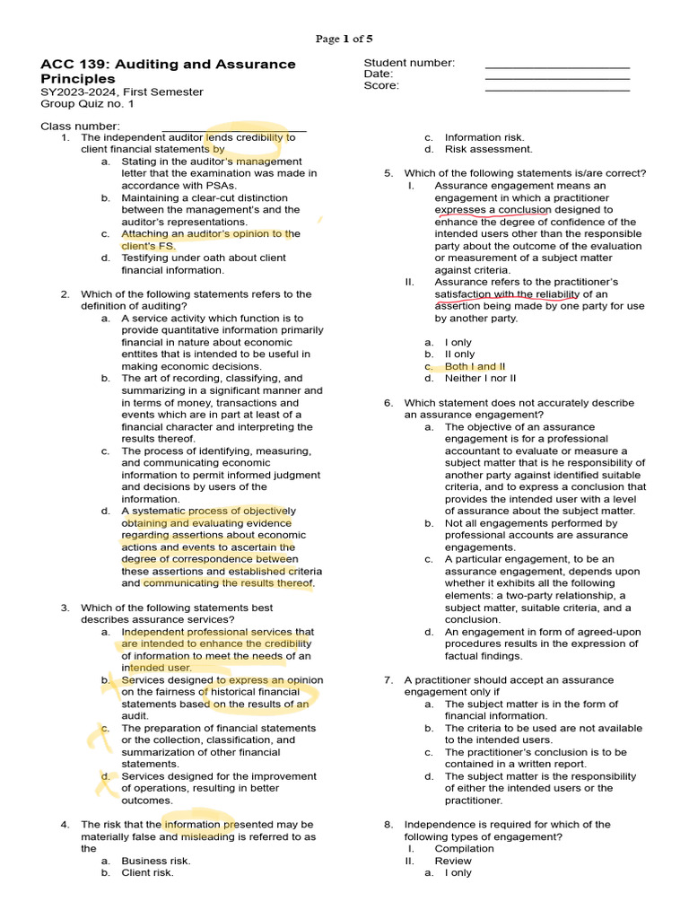 ACC 139 - Group Quiz | PDF | Audit | Financial Audit