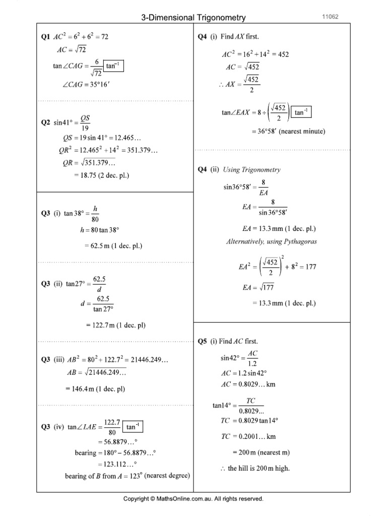 Answers - 3D Trig Problems From Mathsonline | PDF