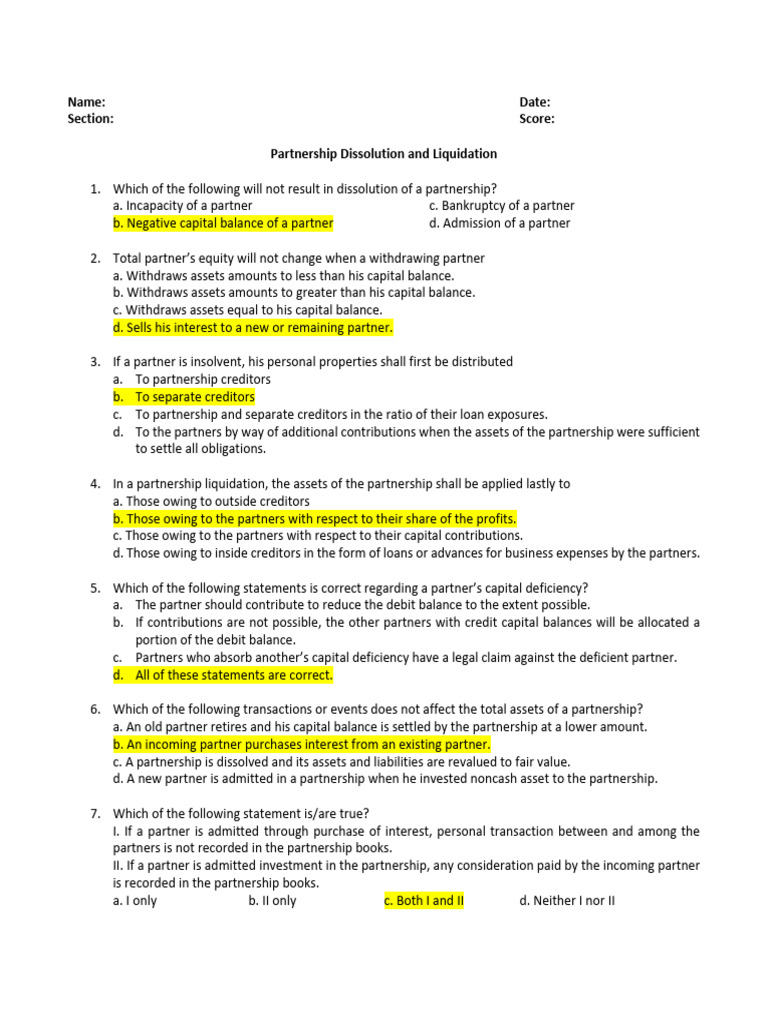Quiz - Dissolution and Liquidation (Answers) | PDF | Debits And Credits | Partnership