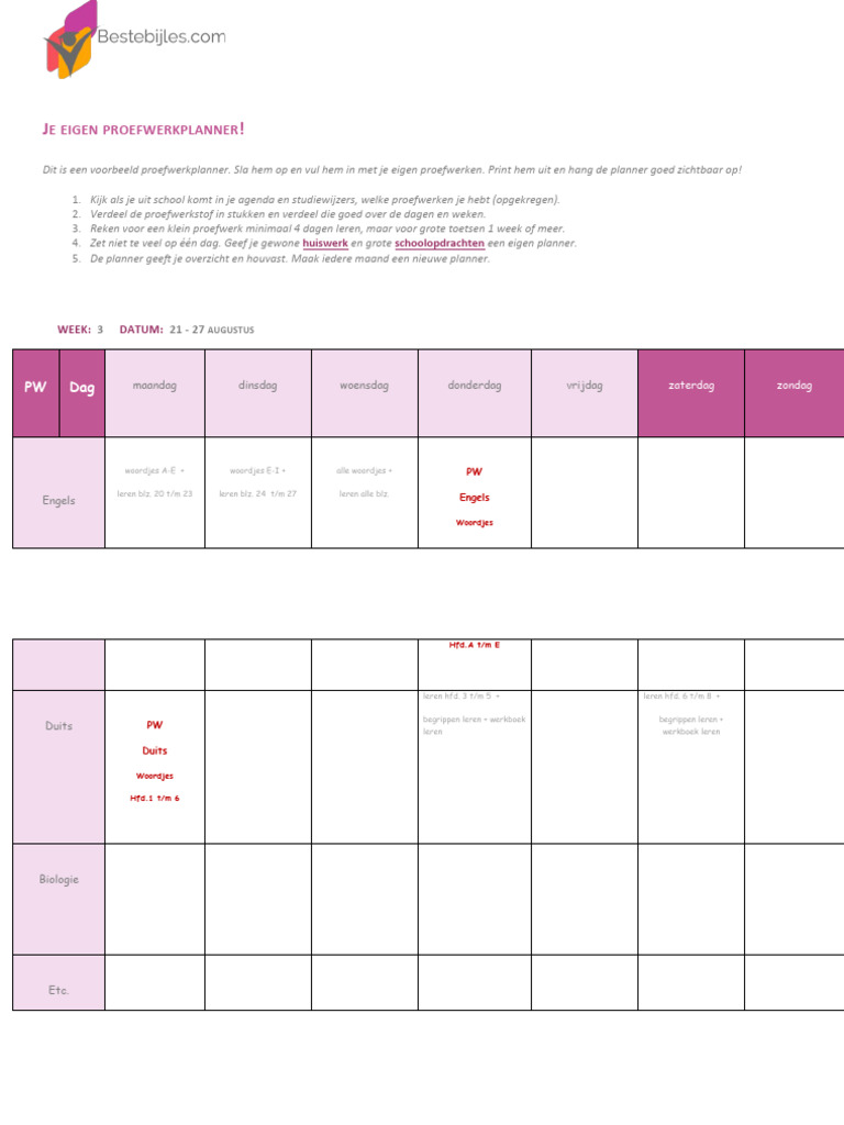 Proefwerkplanner | PDF