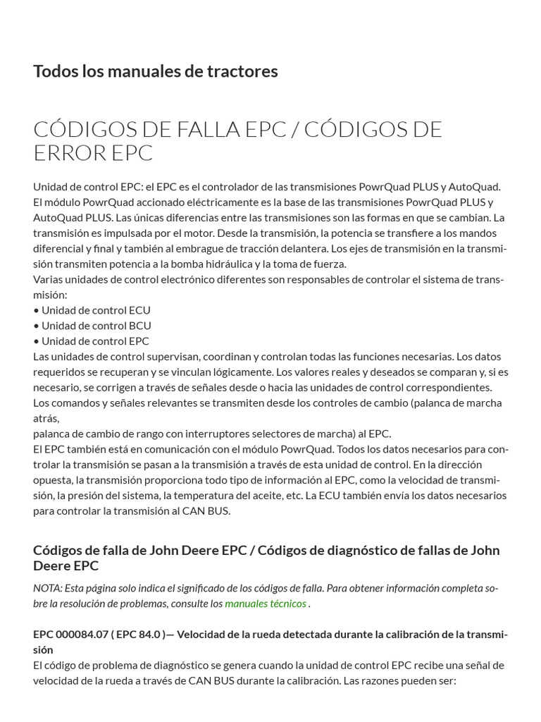Códigos de Falla EPC John Deere | PDF | Máquinas | Mecánica