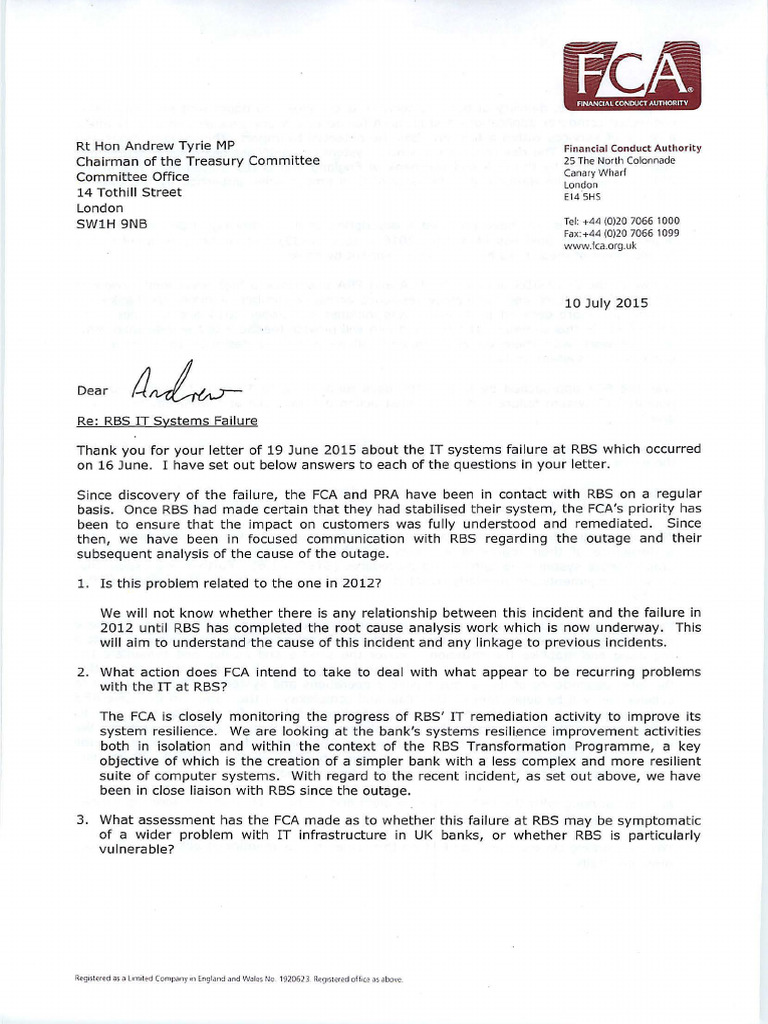 Letter From Martin Wheatley Fca To Treasury Chair 10 07 15 | PDF | Risk