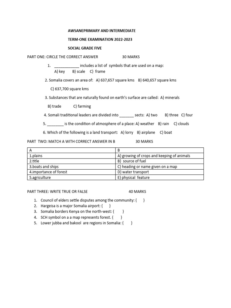 Grade 5 Social Studies Exam 2022-23 | PDF