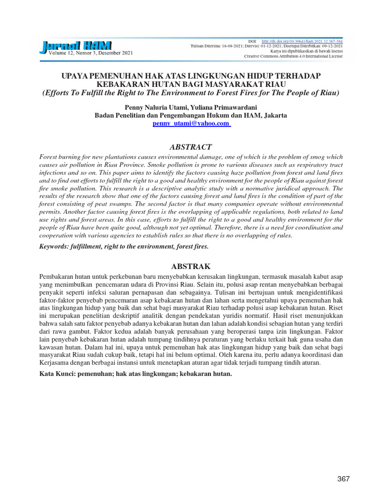 Upaya Pemenuhan Hak Atas Lingkungan Hidup Terhadap Kebakaran Hutan Bagi Masyarakat Riau | PDF ...