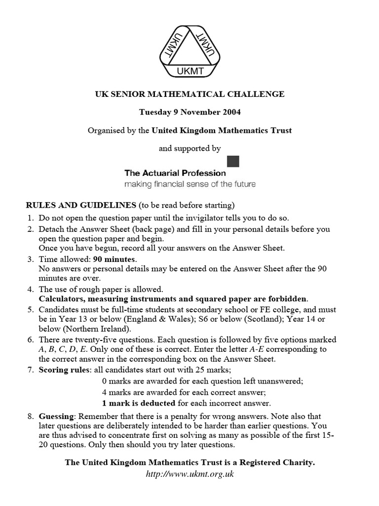 UKMT - SMC - Senior Mathematical Challenge | PDF | Organized Events ...