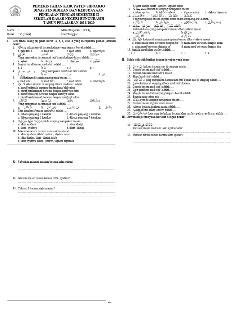 Soal BTQ Uts 2 Kelas 5 2019 2020 | PDF
