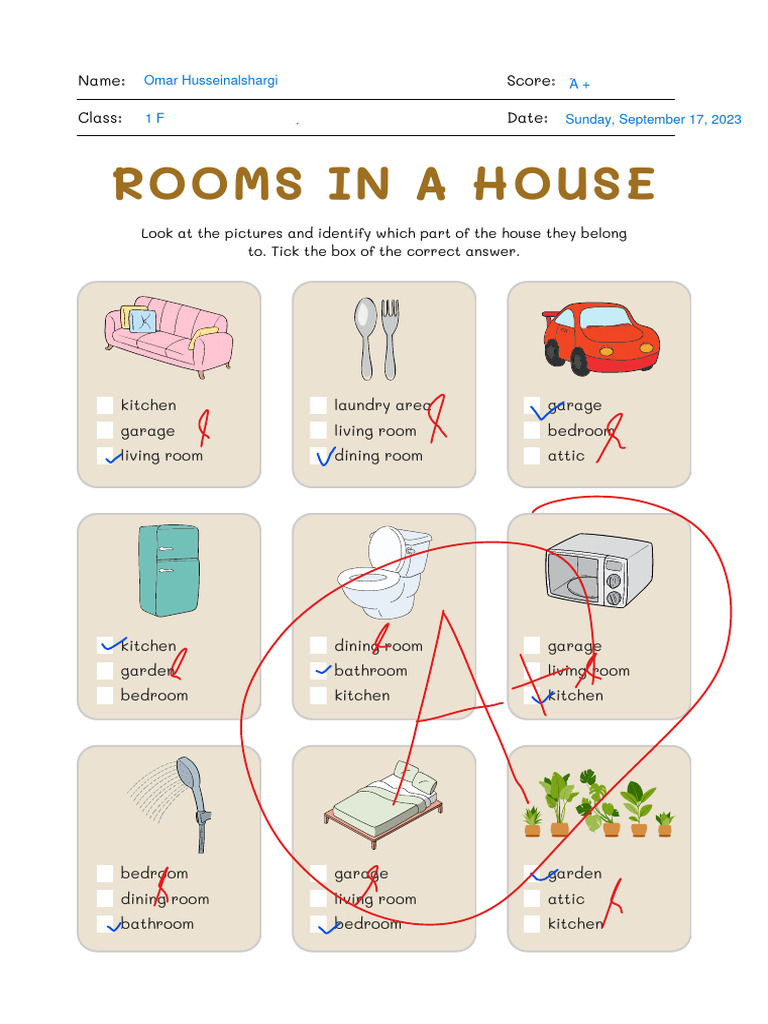 Brown Printable Rooms in A House Worksheet | PDF