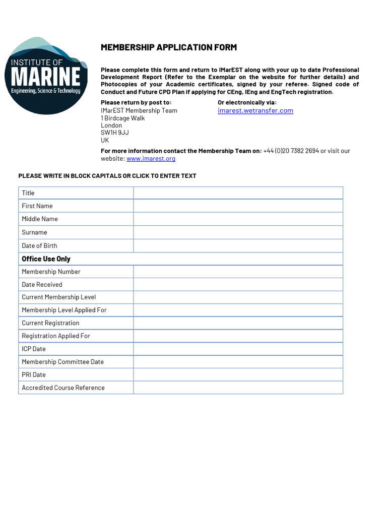 IMarEST Membership Application Form | PDF | Science | Engineering