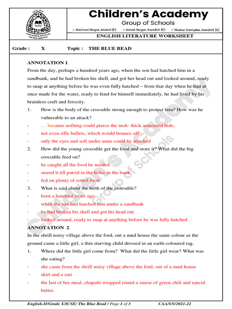 Grade 10 - Eng Lit - The Blue Bead - 2021-22 | PDF