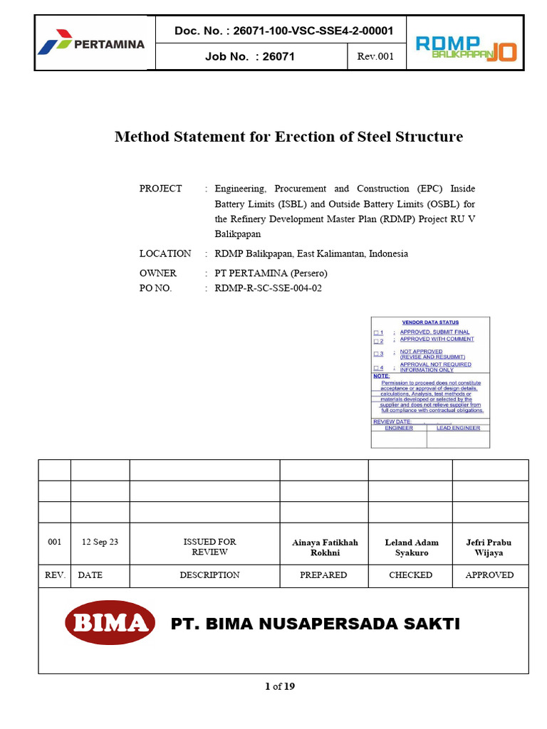 26071-100-VSC-SSE4-2-00001 - Rev001 - Method Statement For Field Erected Steel Structure | PDF ...