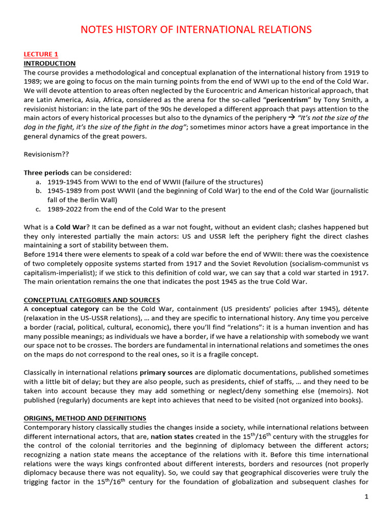 Notes History of International Relations FINAL | PDF