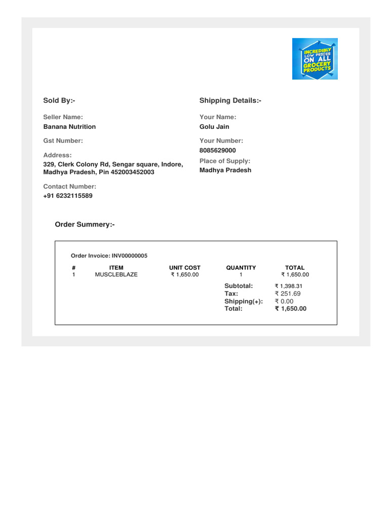 MuscleBlaze Order Invoice Details | PDF