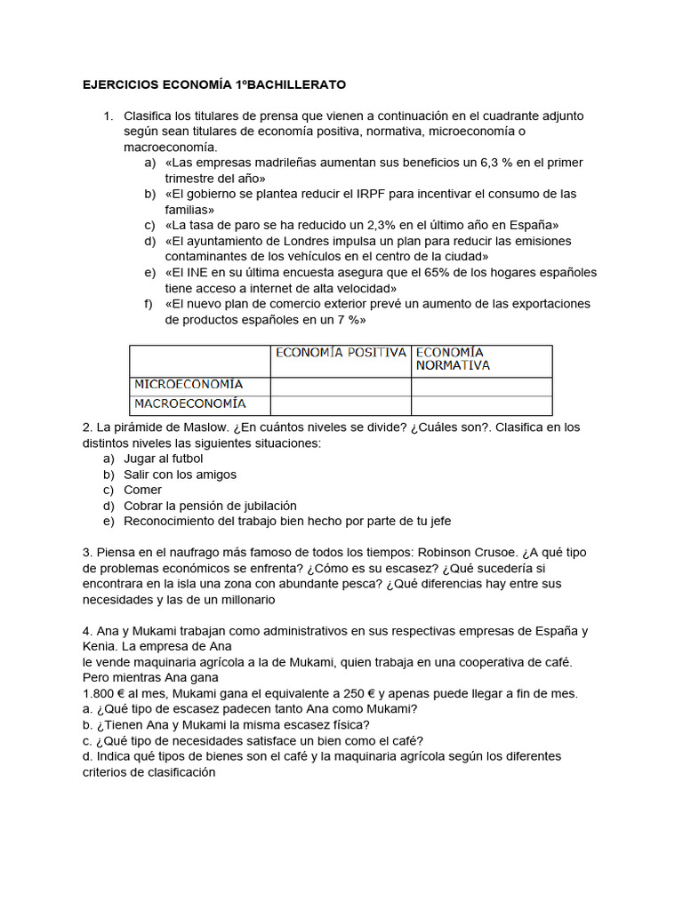 MOD EJERCICIOS ECONOMÍA 1ºBACHILLERATO | PDF
