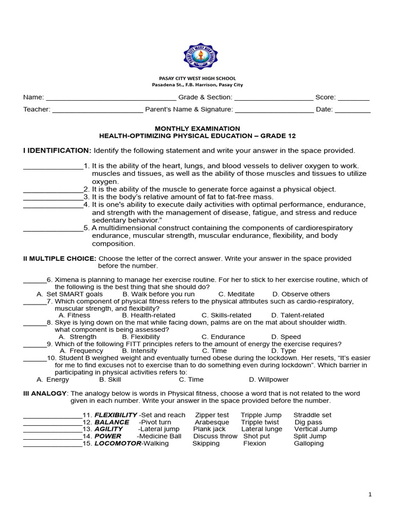 Pre-Test Hope 2 | PDF | Physical Fitness | Skeletal Muscle