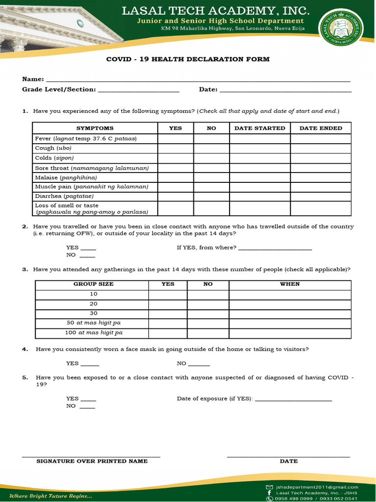 COVID-19 Health Declaration Form | PDF | Career & Growth | Self-Improvement